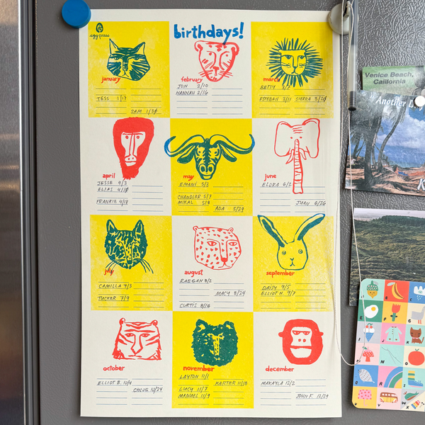 Birthday Tracker Calendar Illustrated Risograph Print - Egg Press